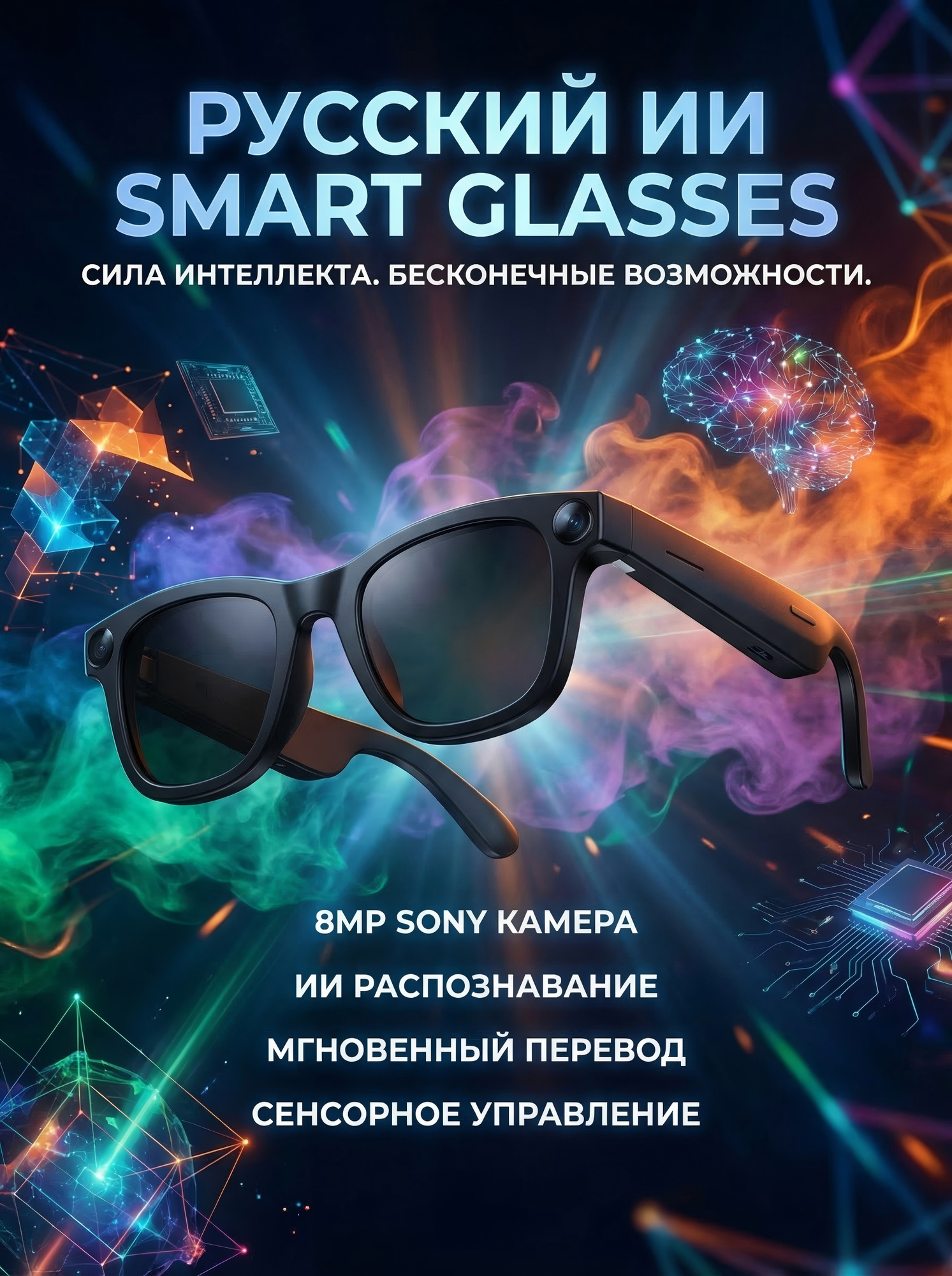 Умные очки AI Smart с камерой и микрофоном, стильные и солнцезащитные черный