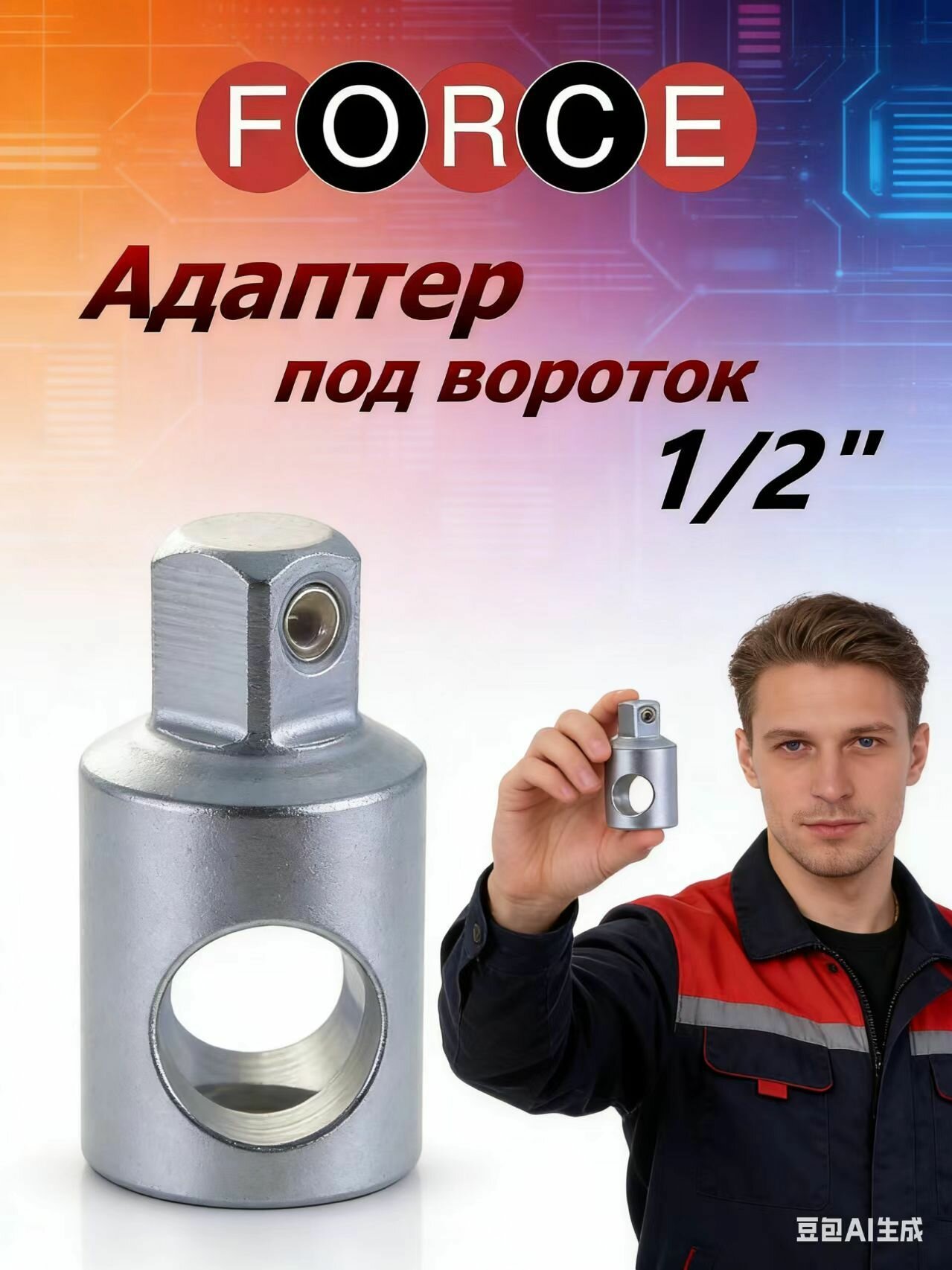 Адаптер-переходник 3/8" х 1/2" с отверстием под вороток FORCE 80634