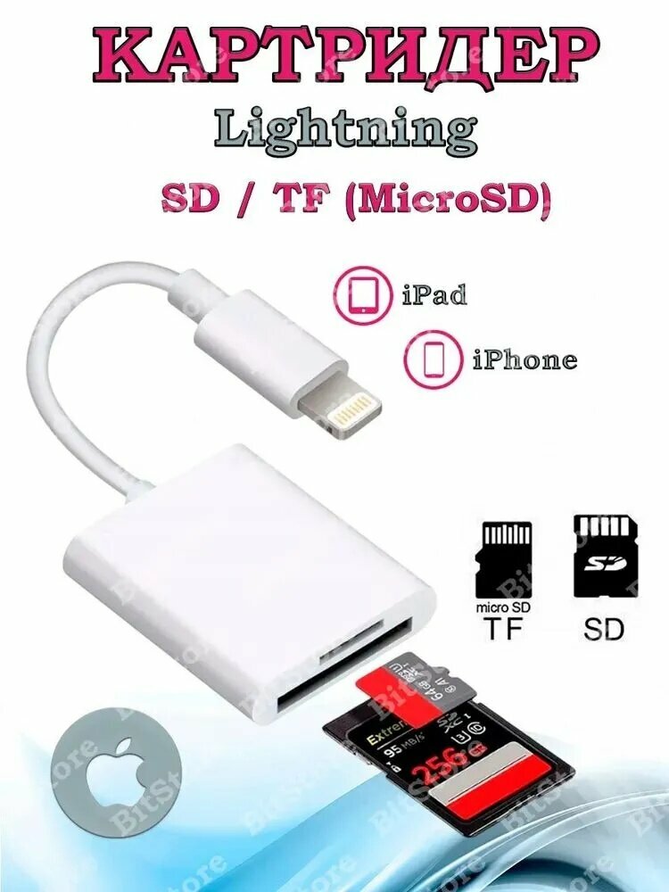 Кардридер Lightning для iPhone и iPad: слот для SD и MicroSD карт. Импорт фото и видео с фотоаппарата, камеры. Быстрая передача файлов