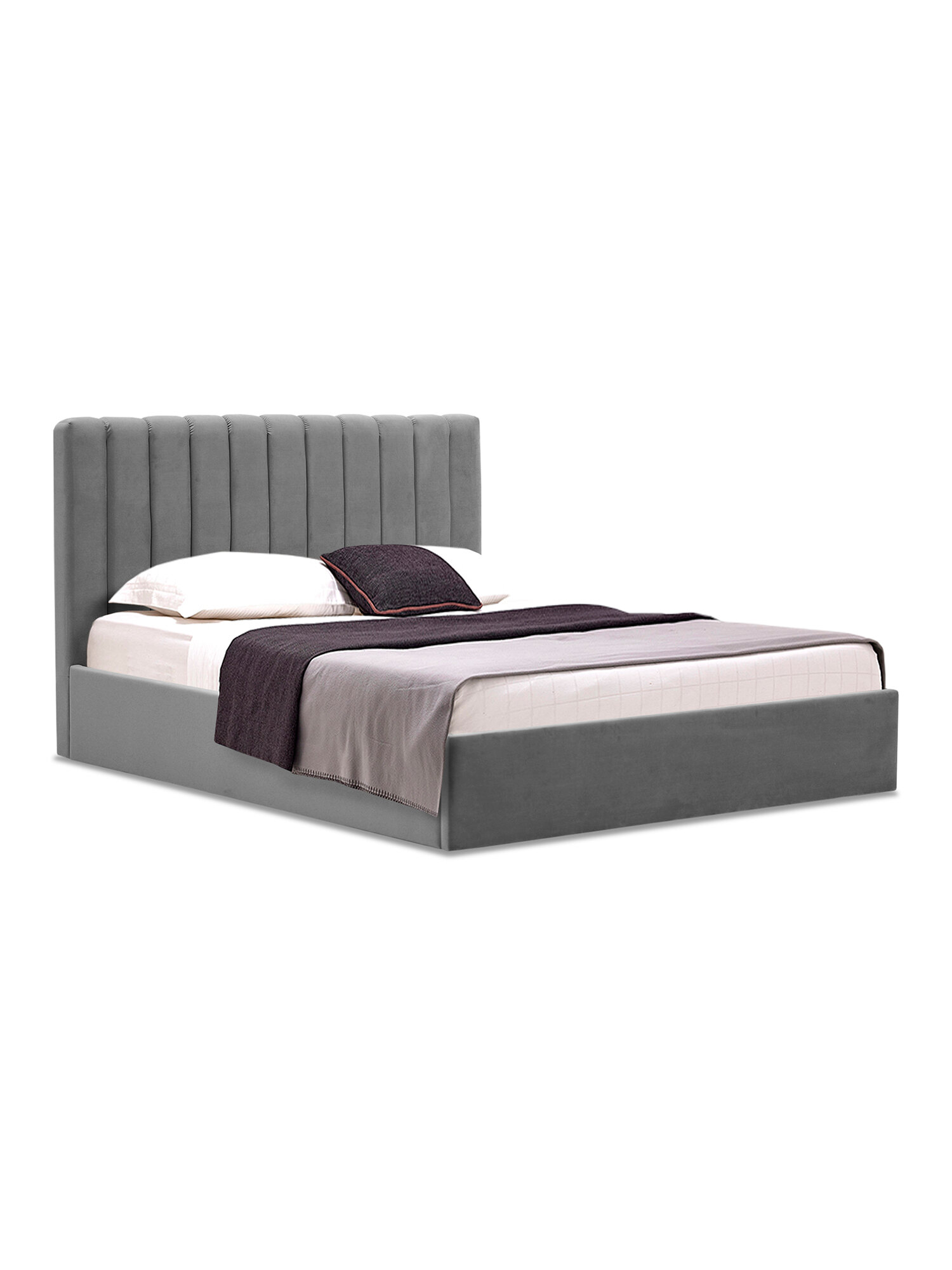 Двуспальная кровать Страйп 140х200 см, с подъемным механизмом и ящиком для белья, велюр серый