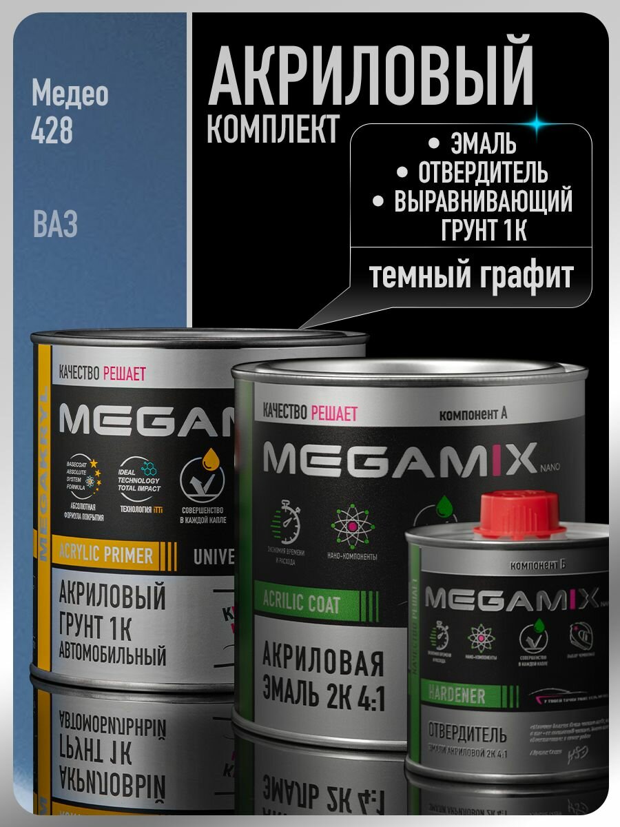 Комплект Акриловая краска автомобильная 2К , Медео 428, 840мл + Отвердитель 2K 210 мл + Грунт акриловый 1К , темный графит, 800 г