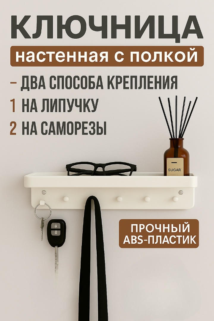 Ключница настенная с полкой для очков и ключей, 6 крючков, пластик, белая, 24,5×7×5,3 см