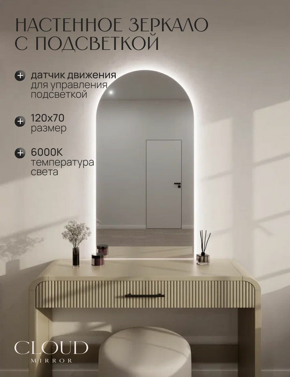Зеркало 120х70 см. CLOUD MIRROR М5 настенное фигурное с подсветкой холодный свет 6000К