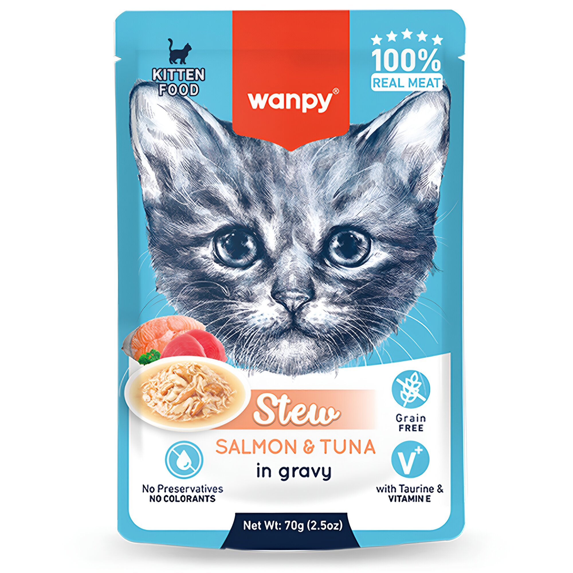 Дополнительный консервированный корм Wanpy Cat для котят, нежное рагу из лосося и тунца, паучи, 10 шт х 70 гр