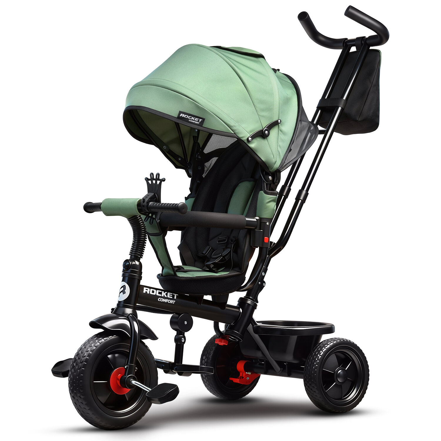 Велосипед трехколесный Rocket Comfort, с родительской ручкой и козырьком, колеса EVA 10"/8", цвет зеленый