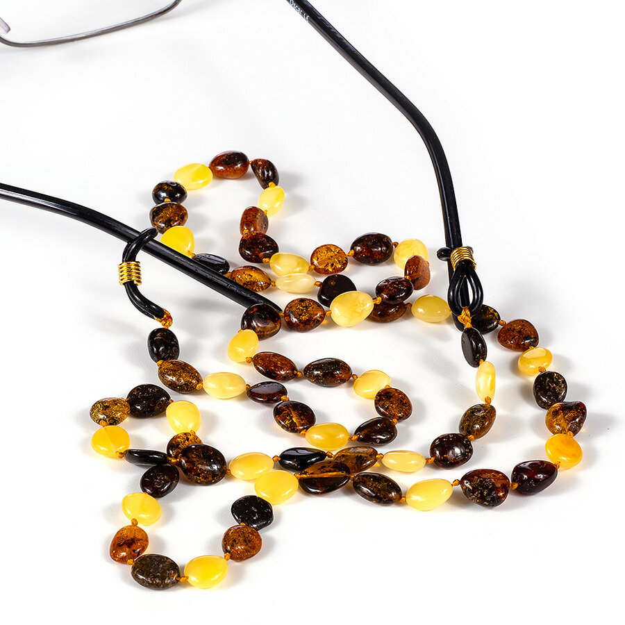 Цепочка для очков из натурального разноцветного янтаря "Оливка микс"