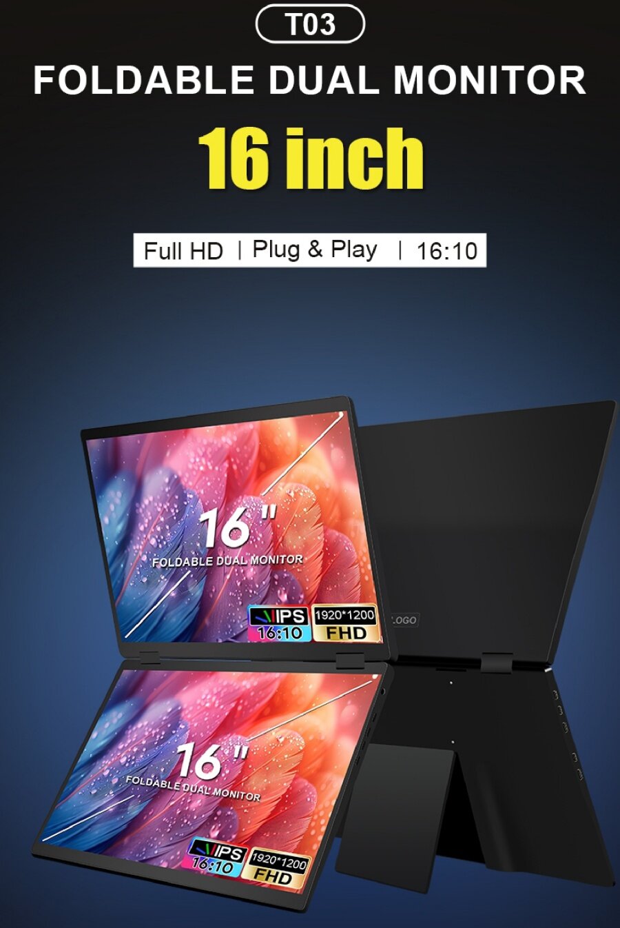 Портативный двойной монитор T03, 16"*2 IPS, USB-C, HDMI, черный