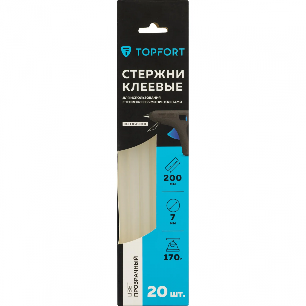 Стержни клеевые прозрачные 7x200, упаковка 20 штук, Topfort 2128935
