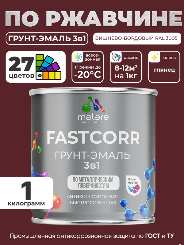 Грунт-эмаль по ржавчине 3 в 1 Malare FastCorr краска для металла, антикоррозионная износостойкая быстросохнущая RAL 3005, вишнево-бордовый, глянцевая, 1 кг.
