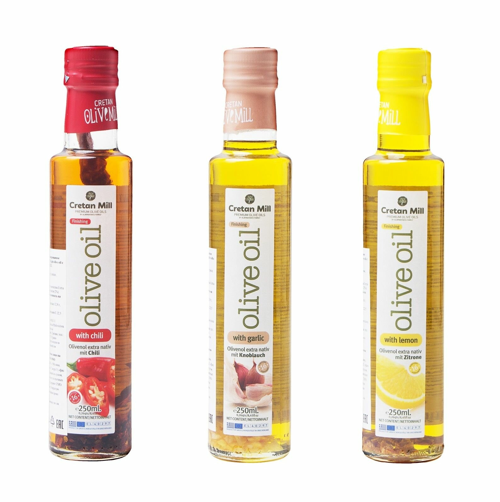 Набор оливкового масла Extra Virgin (перец чили, чеснок, лимон), Cretan Mill, Греция, 250 мл х 3шт
