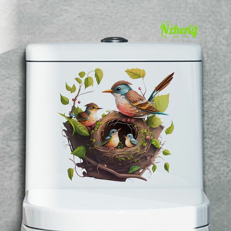 Мультяшное птичье гнездо-Водонепроницаемая наклейка на унитаз