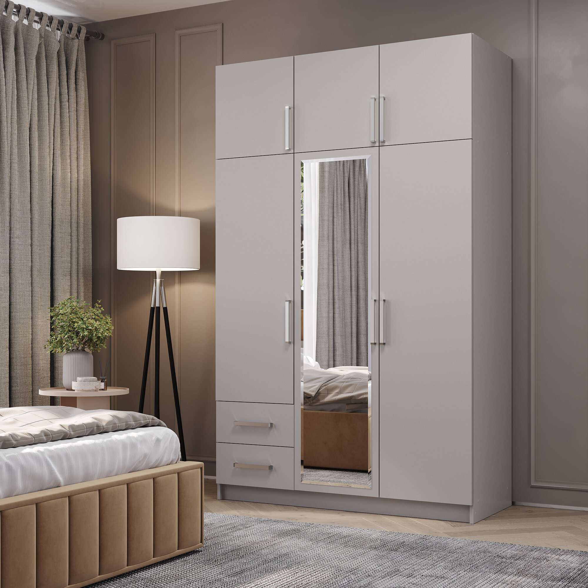 Трехстворчатый шкаф с зеркалом и ящиками для одежды ЛДСП Кашемир БТС