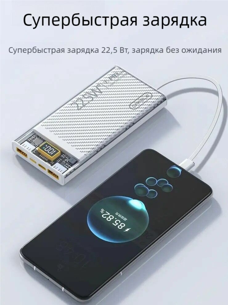 Cafele внешний аккумулятор 20000 мАч PD20W / 22.5W быстрая зарядка, 3 встроенных кабеля, 5 устройств одновременно, LED дисплей, разрешено в самолёт