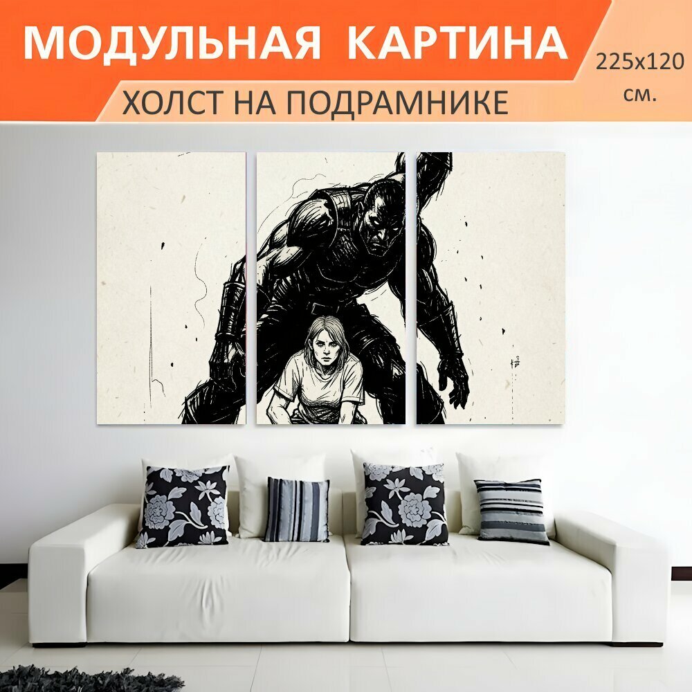 Модульная картина на холсте "Воин с мечом и пленница. Черно-белая графическая сцена в стиле комикса: мощный бронированный боец с." триптих на подрамнике 225х120 см. для интерьера