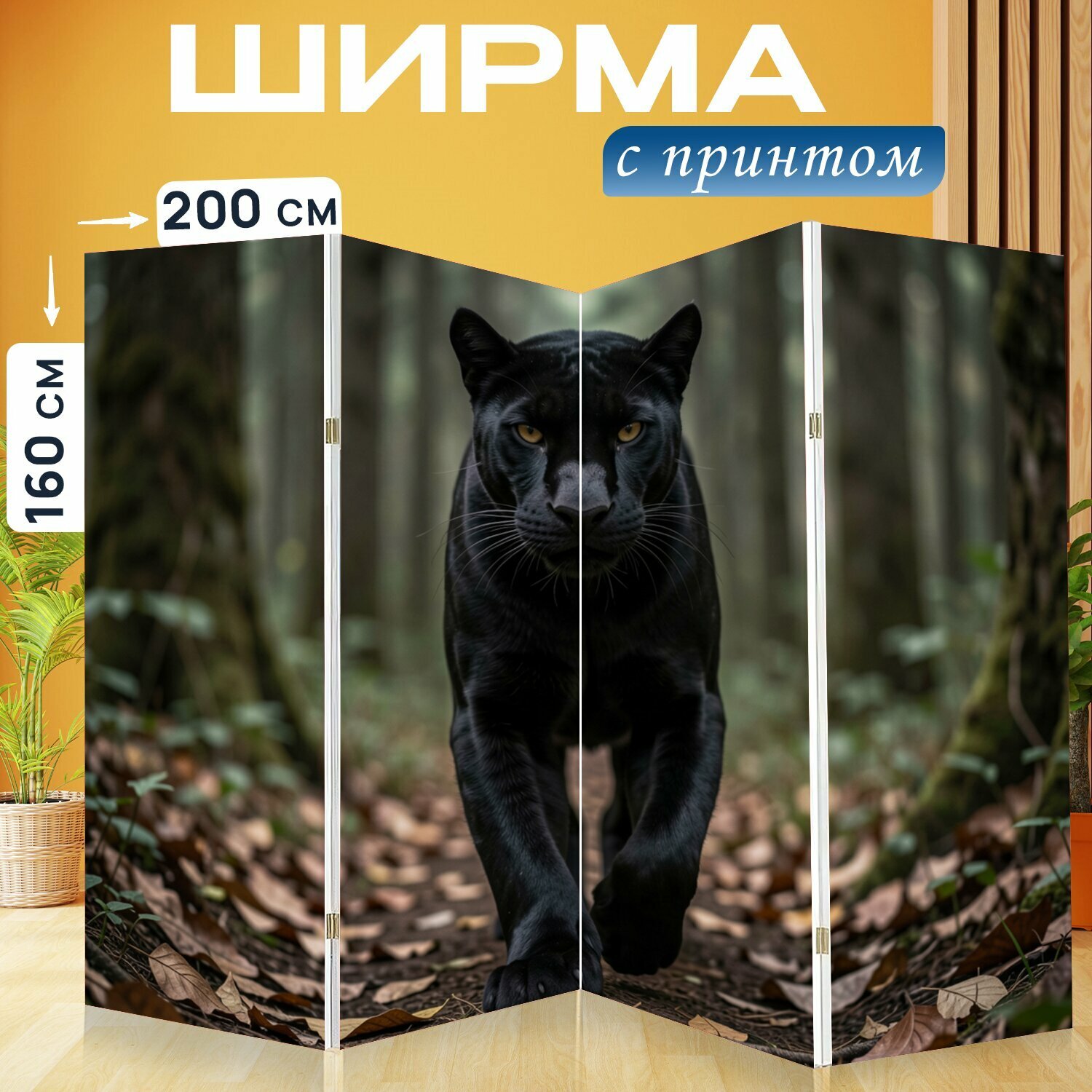 Ширма "Черная пантера в лесу. Хищная большая кошка на лесной тропе среди мха и опавших листьев, темная." перегородка для зонирования комнаты с принтом 200x160 см. на холсте
