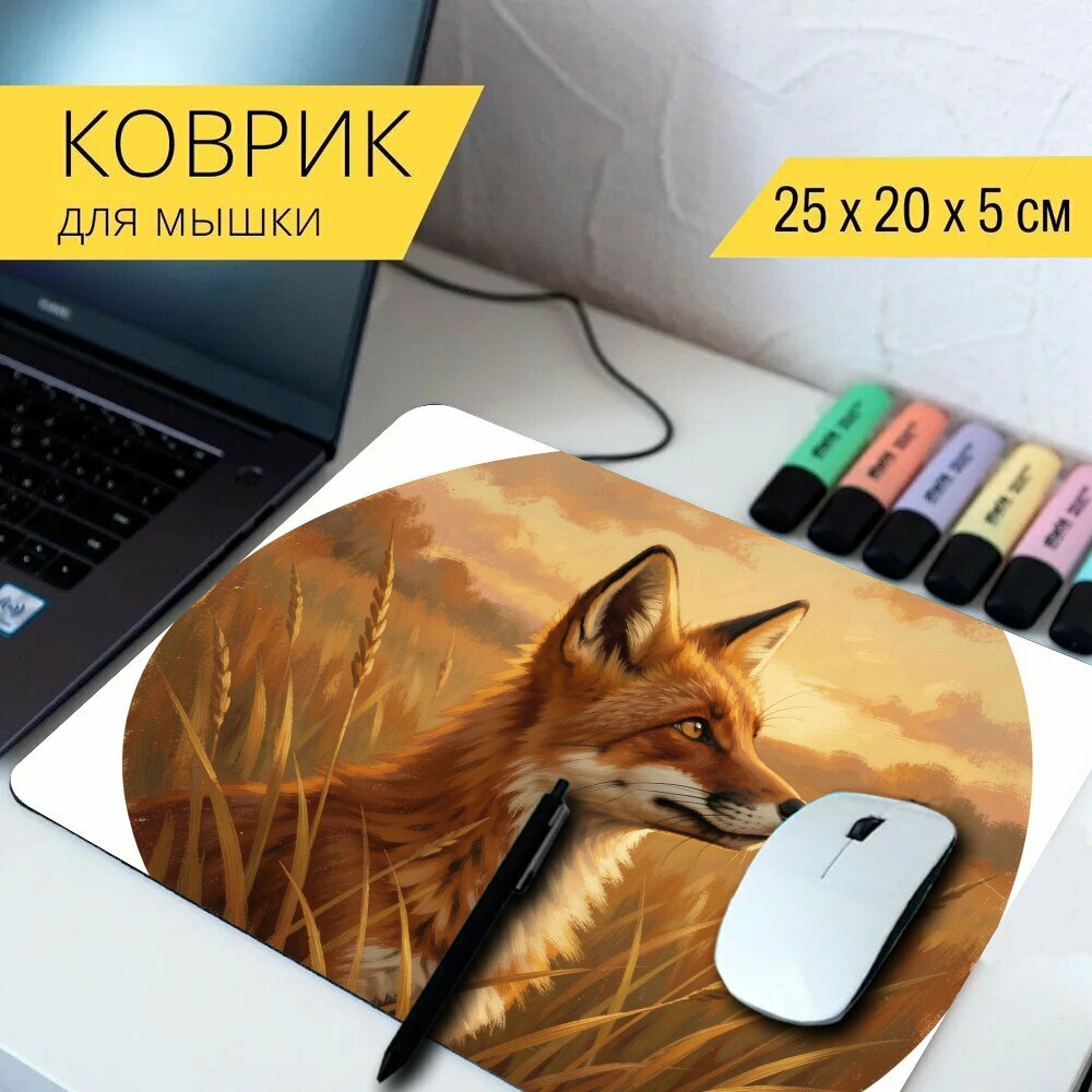 Коврик для мыши с принтом "Лиса в золотом поле. Рыжая лисица среди высоких колосьев на фоне тёплого закатного неба, живописная реалистичная манера, мягкие." 25x20см.