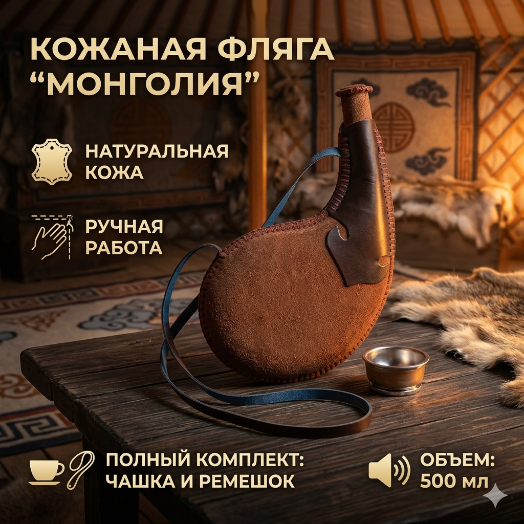 Кожаная фляга для напитков "Монголия", бурдюк декоративный с чашкой, ремешок через плечо, для походов и интерьера