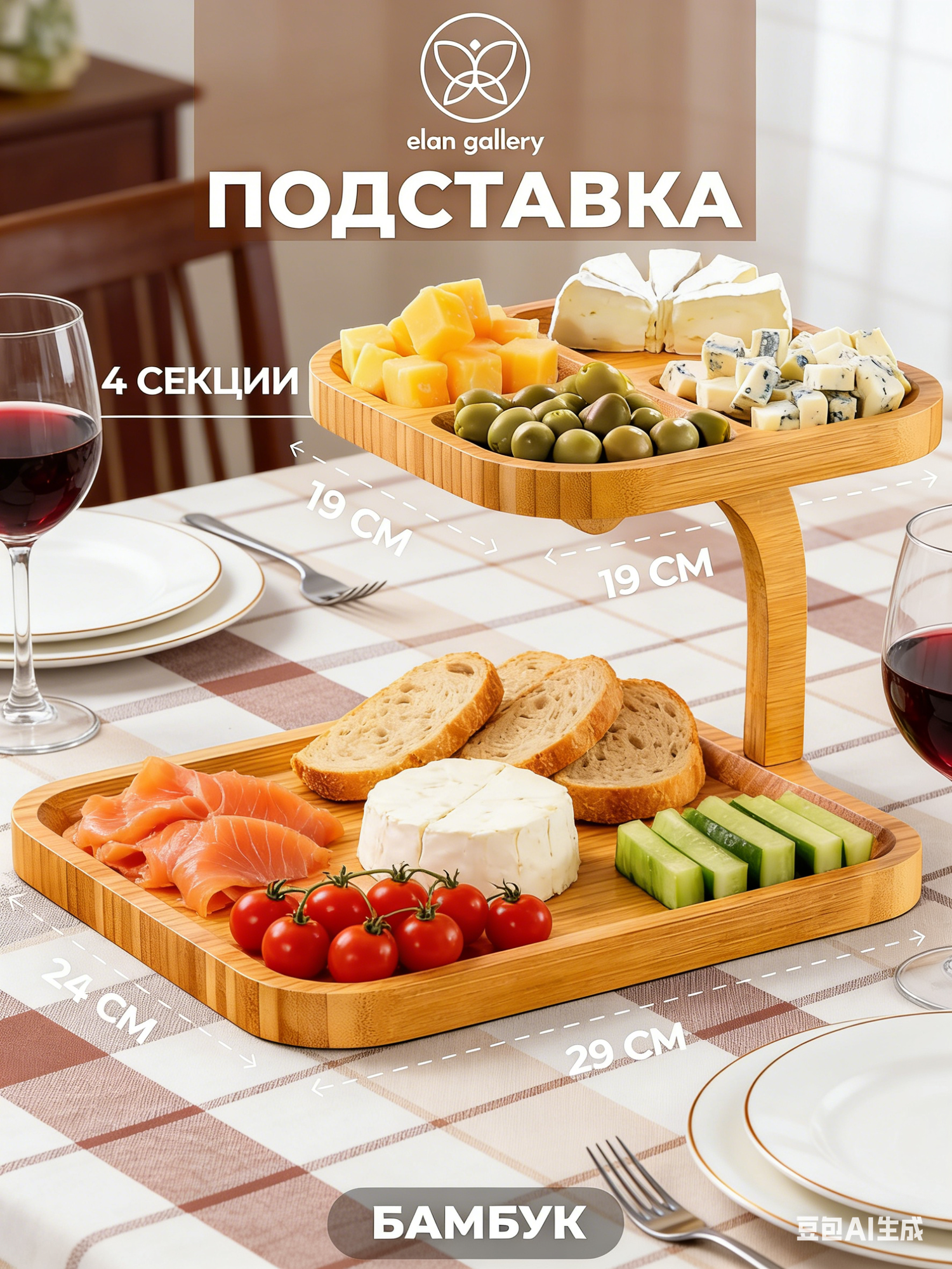 Блюдо 2-уровневое, менажница 30,5х24,3х18,5 см Elan Gallery, бамбук