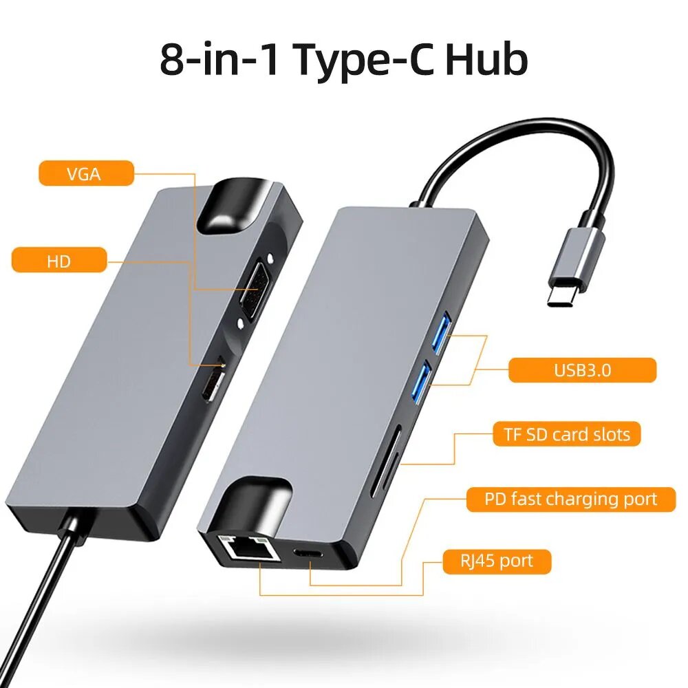 Док-станция 8-в-1 Type-C Концентратор USB-C Корпус из алюминиевого сплава