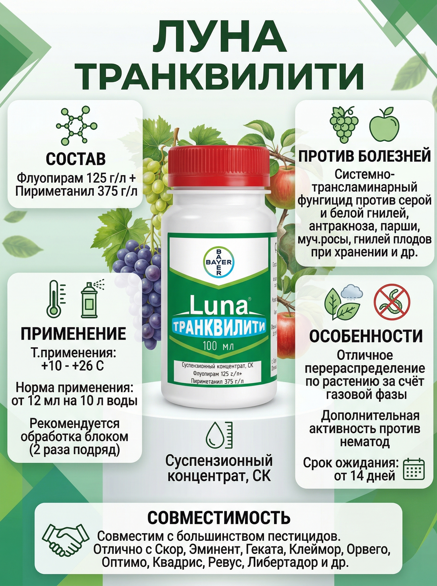 Фунгицид Bayer "Luna Tranquility", от болезней, для плодовых, овощей и цветов, 5 мл
