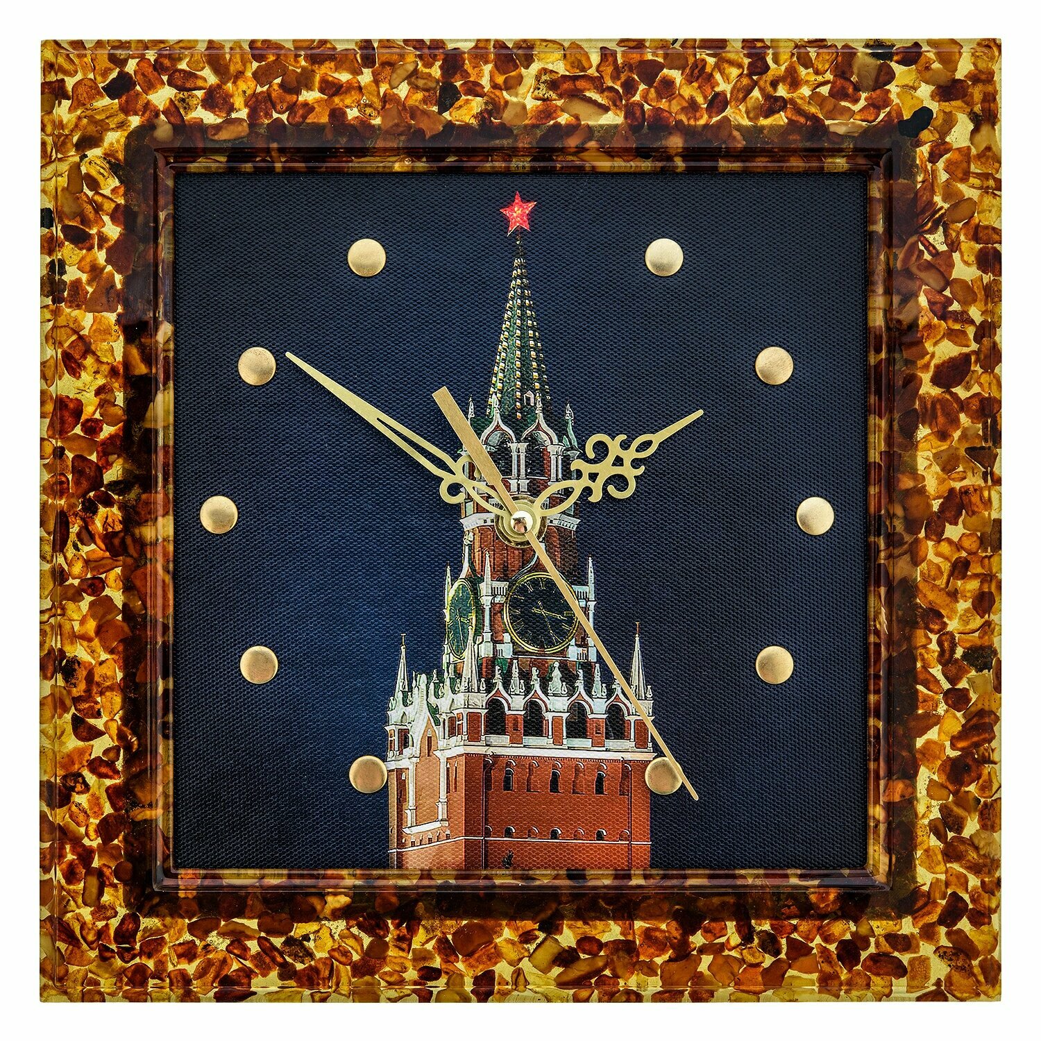 300105-СБ изделие из янтаря (часы настенные) 25*25см Комби, янтарь, полиграф, вставка