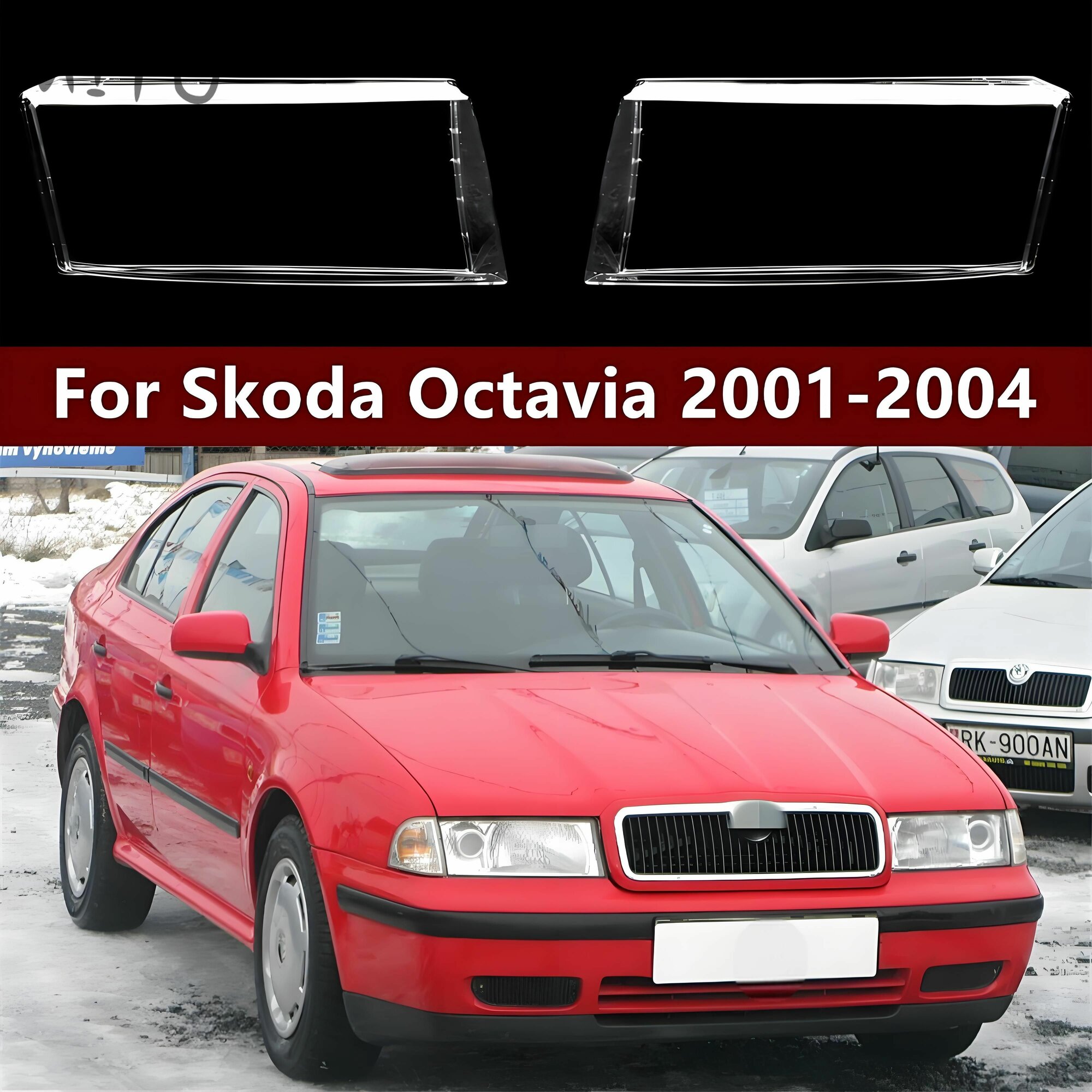 Стекло фары для Skoda Octavia A4 2001–2004 — передняя оптика левое/правое, прозрачный поликарбонат, комплект 2 шт