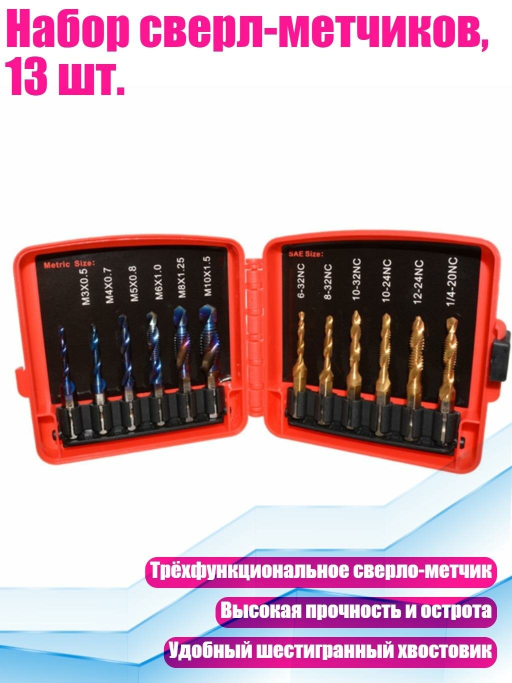 Набор сверл-метчиков, 13 шт, Метрическое синее покрытие