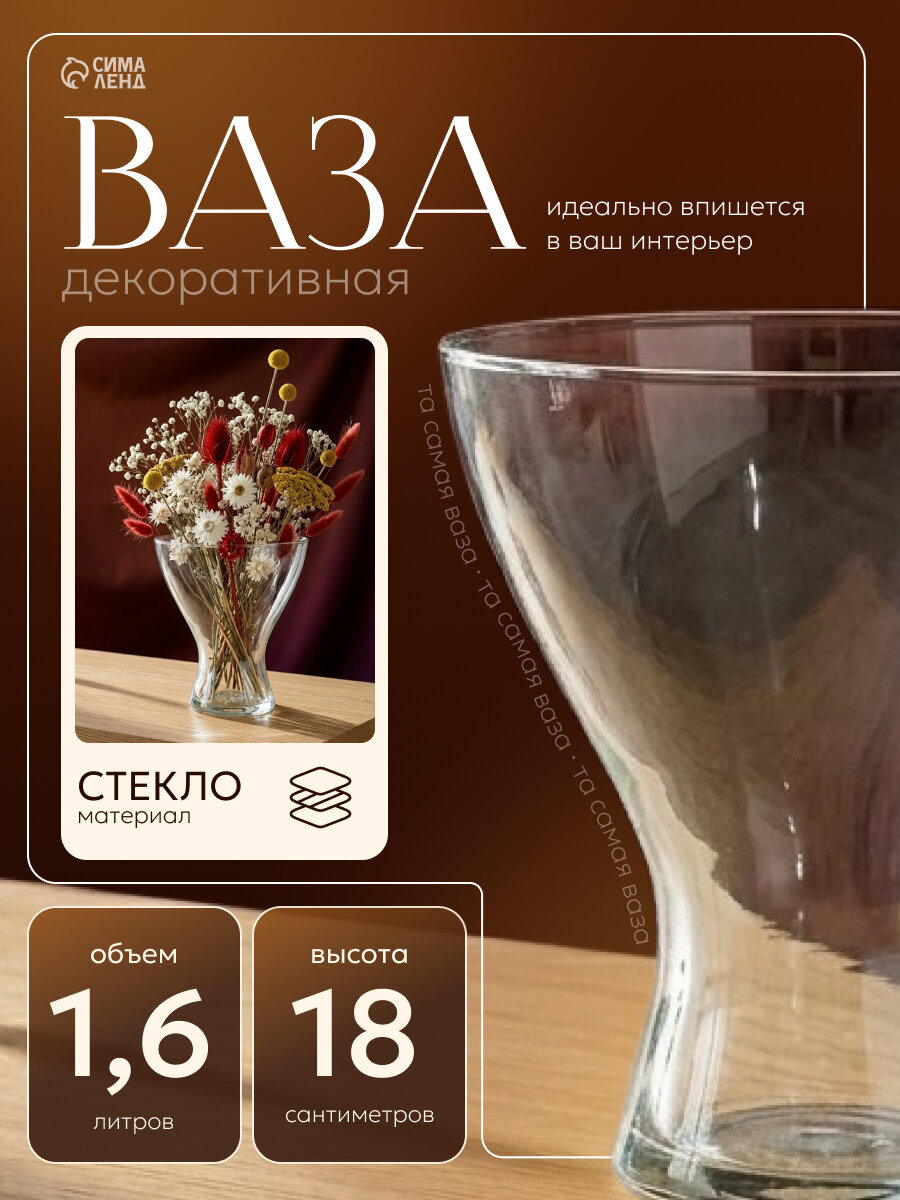 Ваза Evis «Тексел», 1.6 л, 18х17 см, настольная, стекло, прозрачный