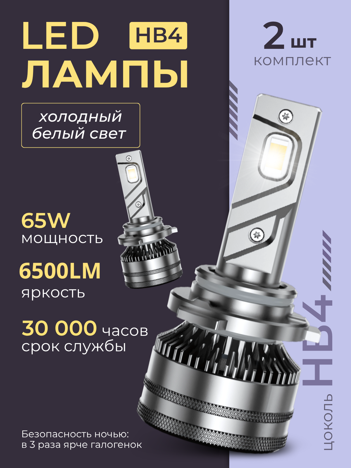 Лампа автомобильная HB4 12-24V 65W (P22d) Лампа LED (CAN, 6000K, 6500Lm) к-т.2шт.