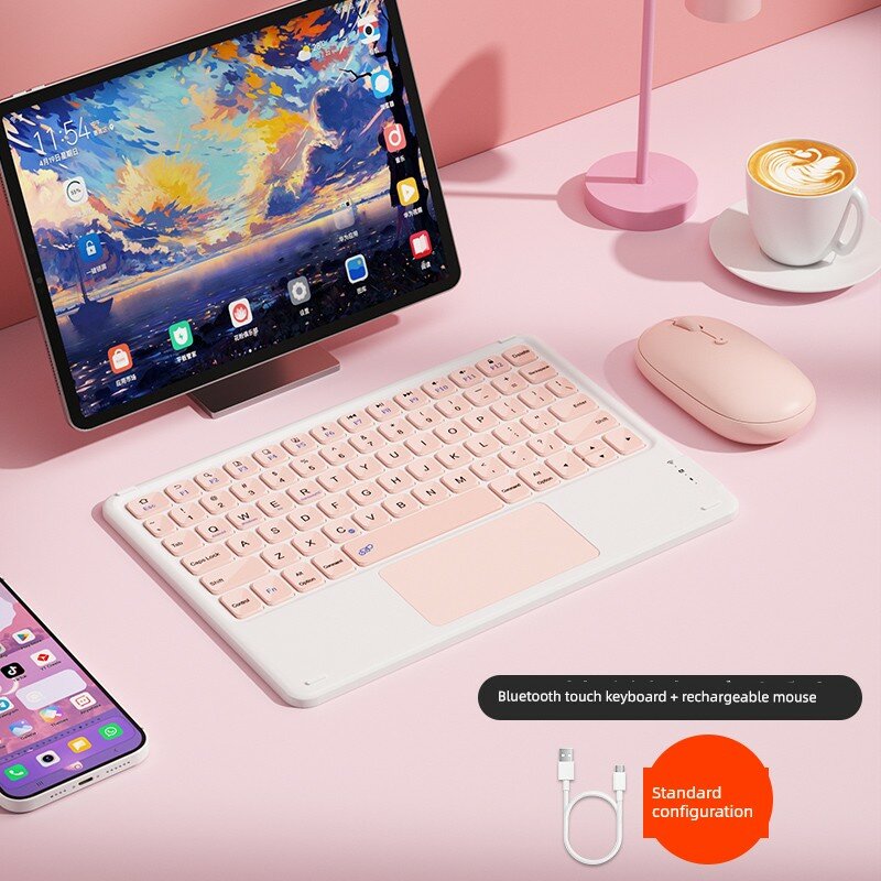Беспроводная Bluetooth-клавиатура и мышь с сенсорным экраном для iPad, Apple и Huawei планшетов, цвет розовый, с