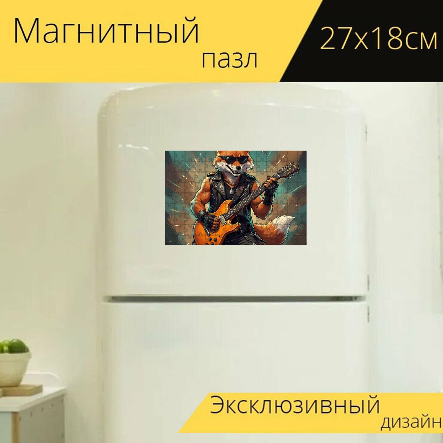 Магнитный пазл "Лиса с гитарой в очках. Яркая иллюстрация харизматичного лиса-рокера в солнечных очках, кожаной жилетке и перчатках, играющего на." на холодильник 27 x 18 см.