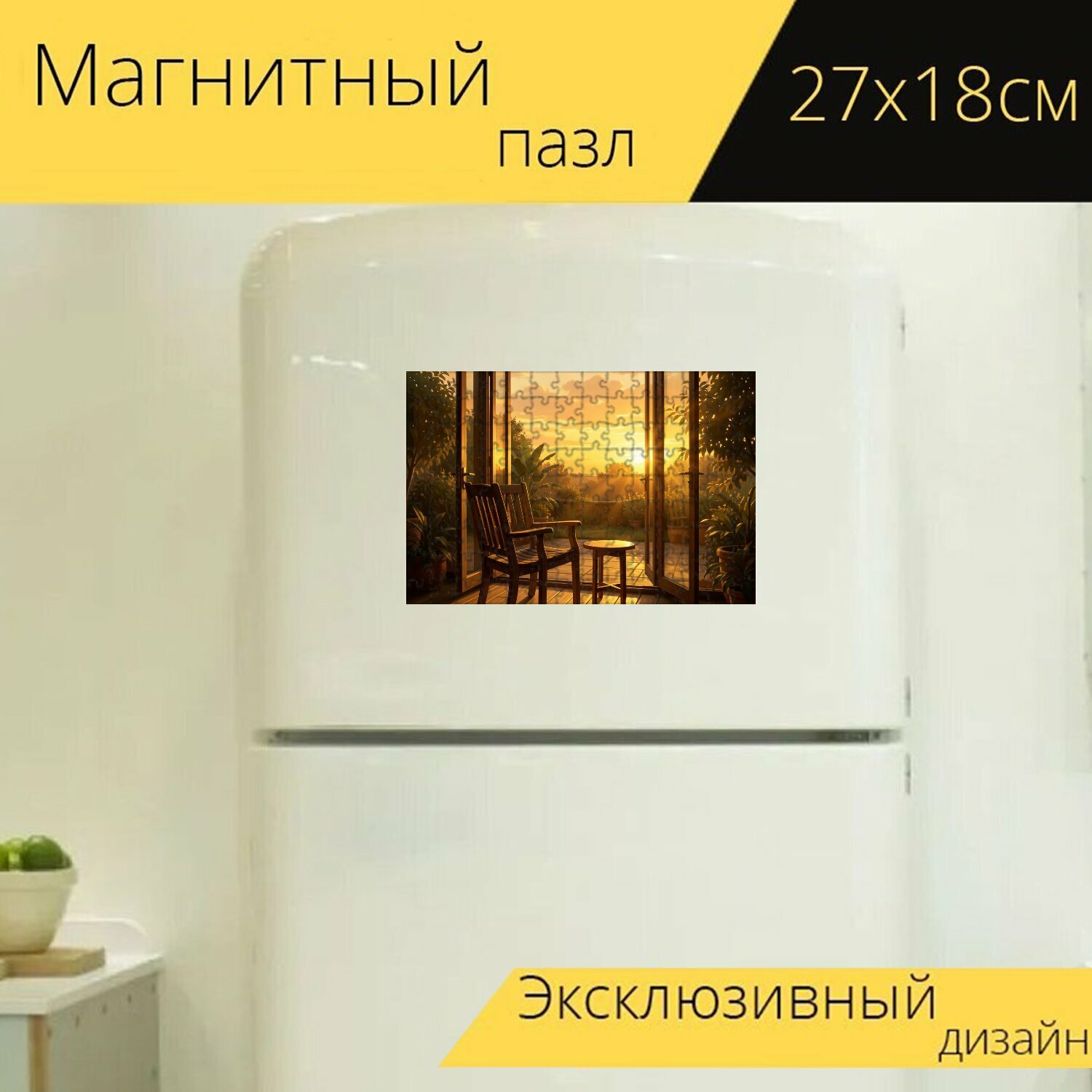 Магнитный пазл "Терраса с креслом на закате. Уютная летняя веранда с деревянной мебелью, открытыми створками и видом на сад в золотом вечернем свете." на холодильник 27 x 18 см.