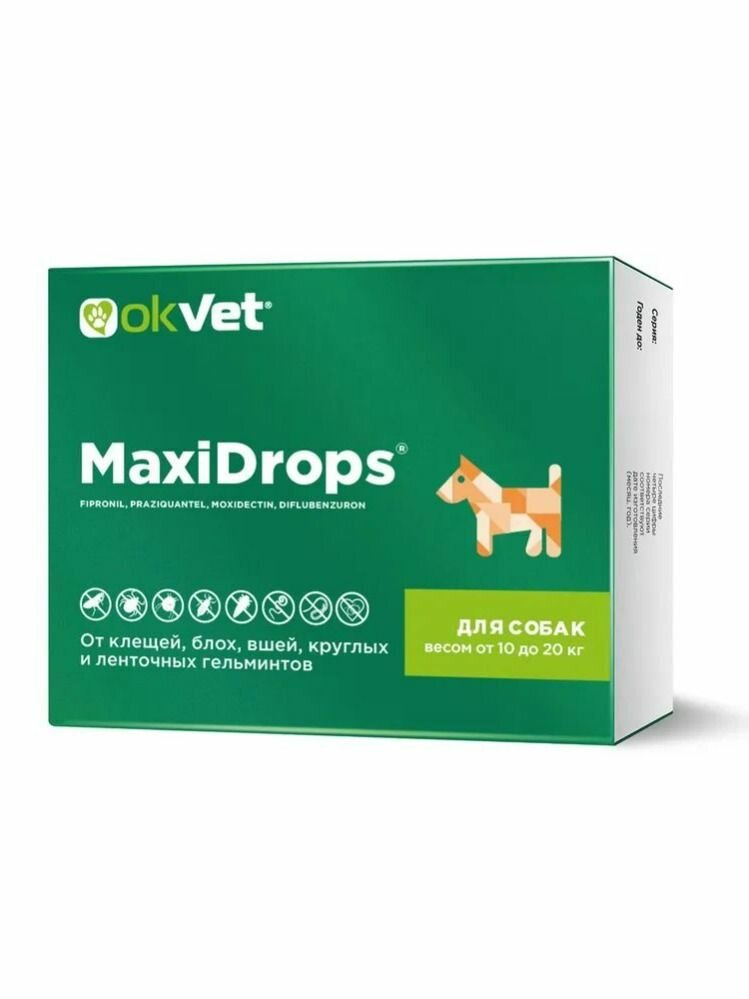 Okvet MaxiDrops капли на холку от паразитов для собак от 10 до 20 кг, 1 пипетка / 2 мл (от клещей, блох, вшей, круглых и ленточных гельминтов)