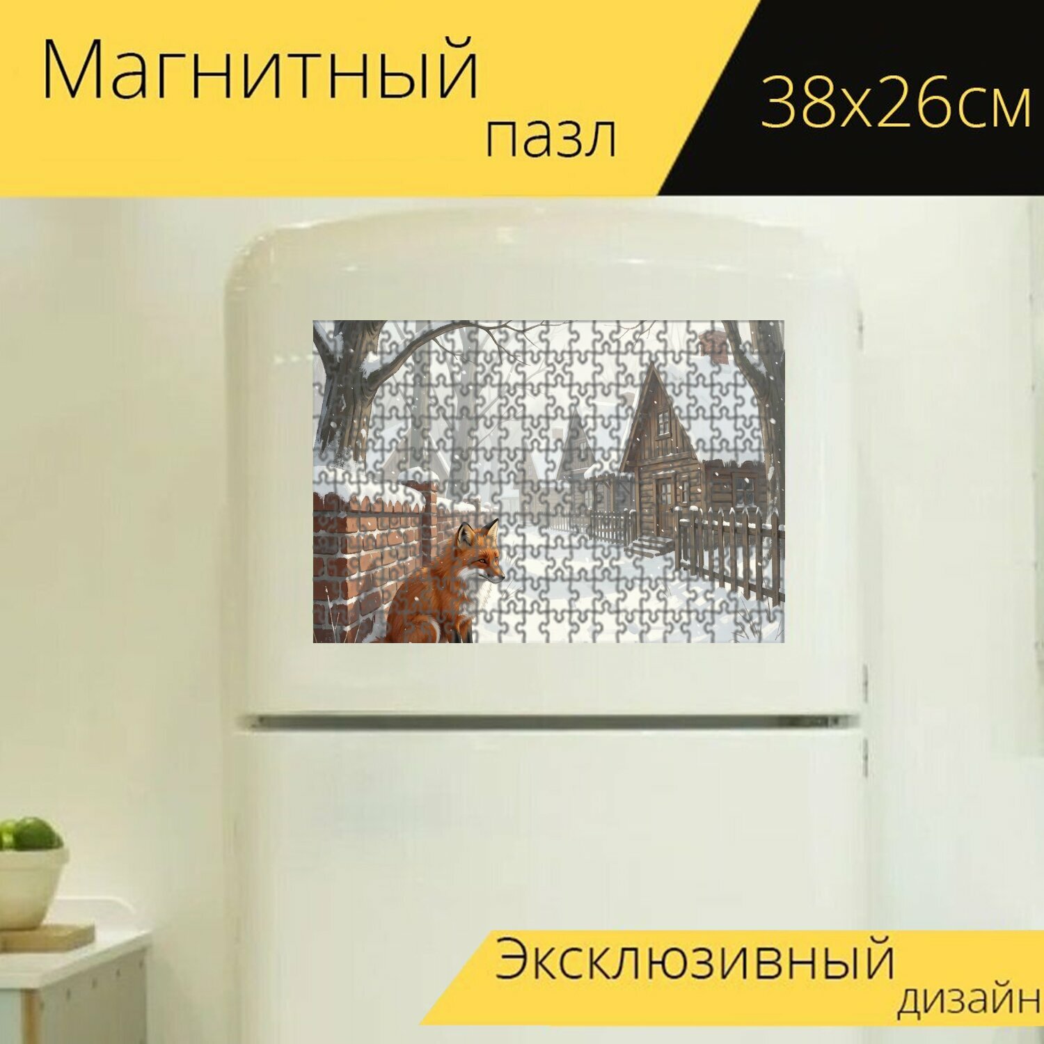 Магнитный пазл "Лиса у зимних домиков. Рыжая лесная хищница сидит на заснеженной тропинке среди деревянных избушек и голых деревьев. Атмосферная иллюстрация." для интерьера, 38х26 см.