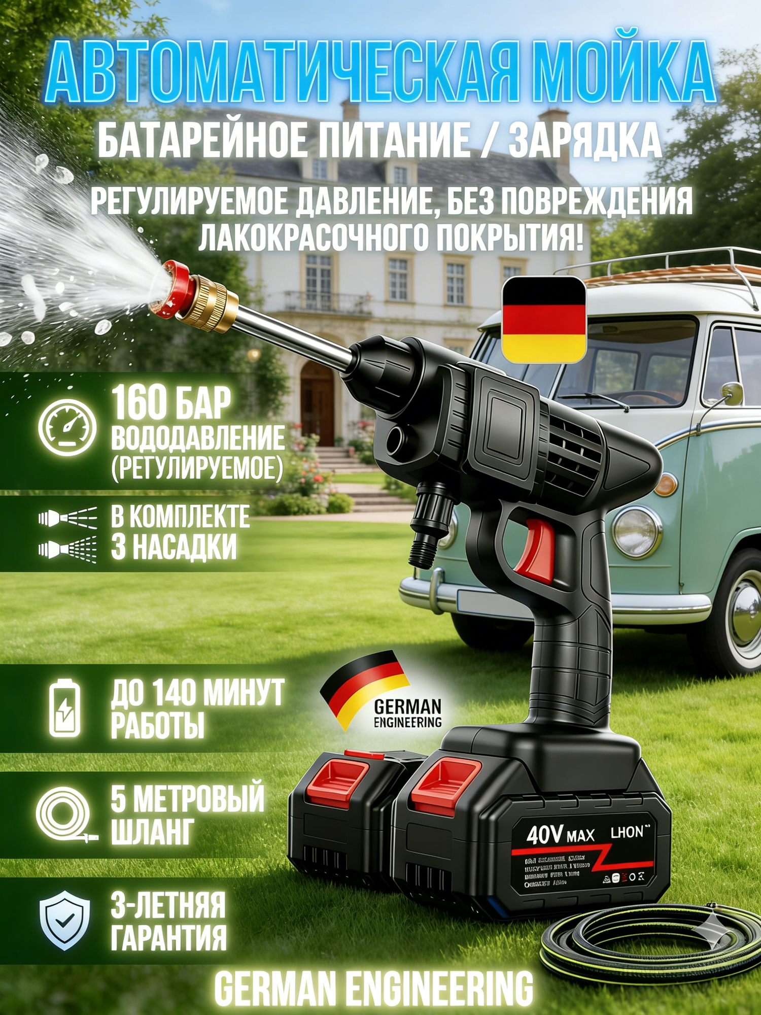 Аккумуляторная автомойка , высокого давления, для автомобиля, в кейсе 2 аккумулятора, минимойка с пистолетом