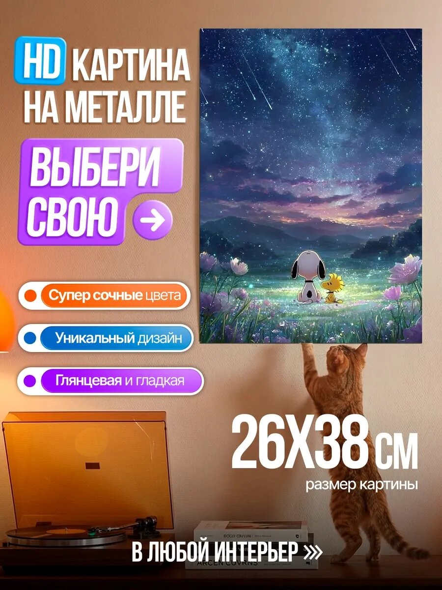 Картина на HD металле Снупи и Чарли Браун под звездами