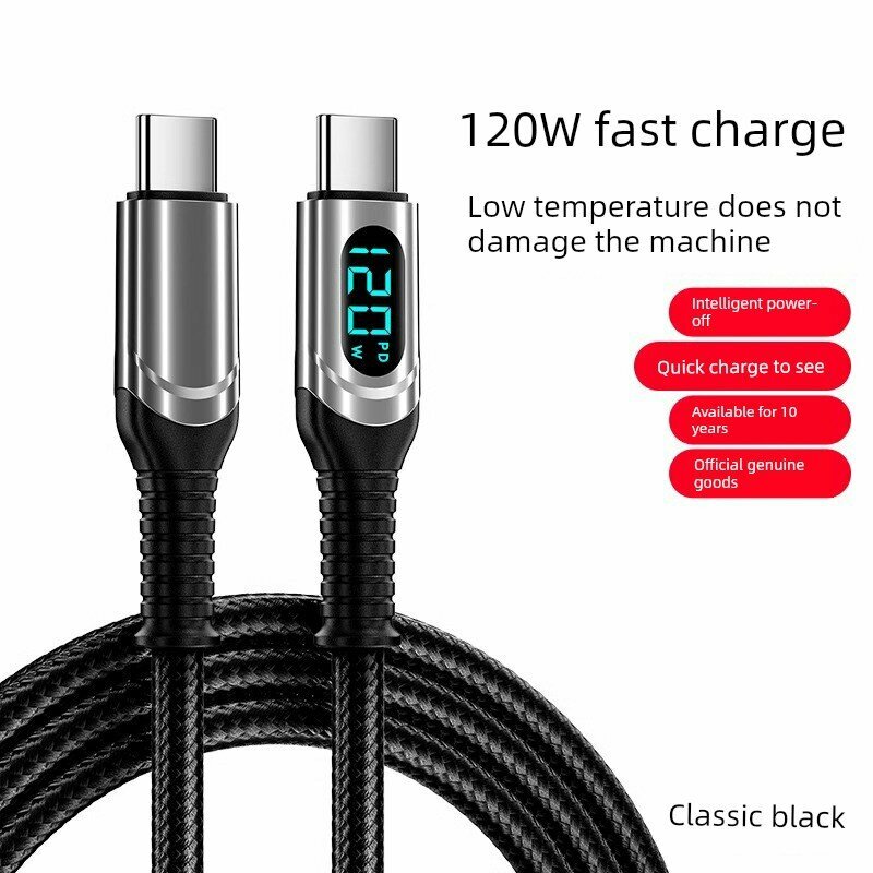 Кабель с двойным USB-C 120 Вт быстрой зарядки для iPhone 15-17 и Android, 2.0 м, Черный