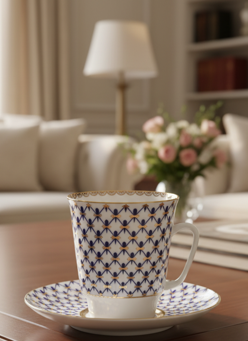 Чашка с блюдцем "Кобальтовая сетка" форма Майская , Императорский фарфоровый завод