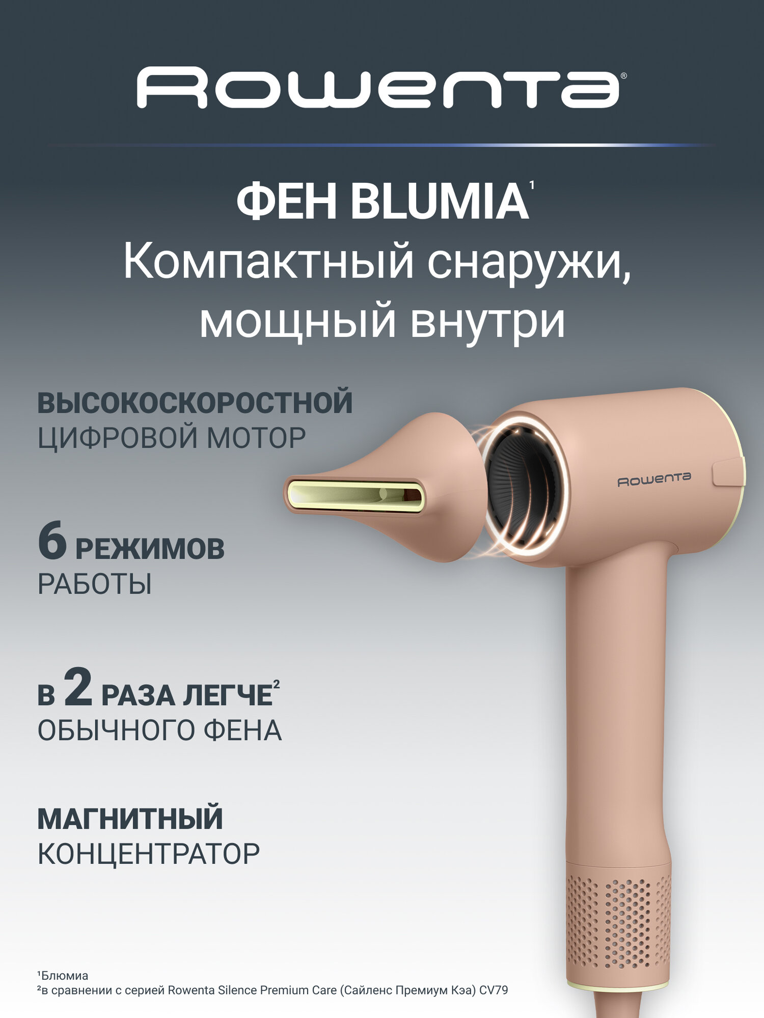 Фен Rowenta Blumia HY5N11E0, 1300 Вт, бесщеточный высокоскоростной мотор, быстрая сушка, легкий вес, ионизация