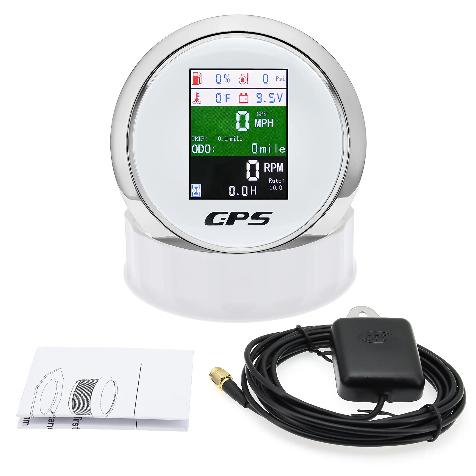 GPS Спидометр 85 мм, Белый/Серебристый, 9-32В