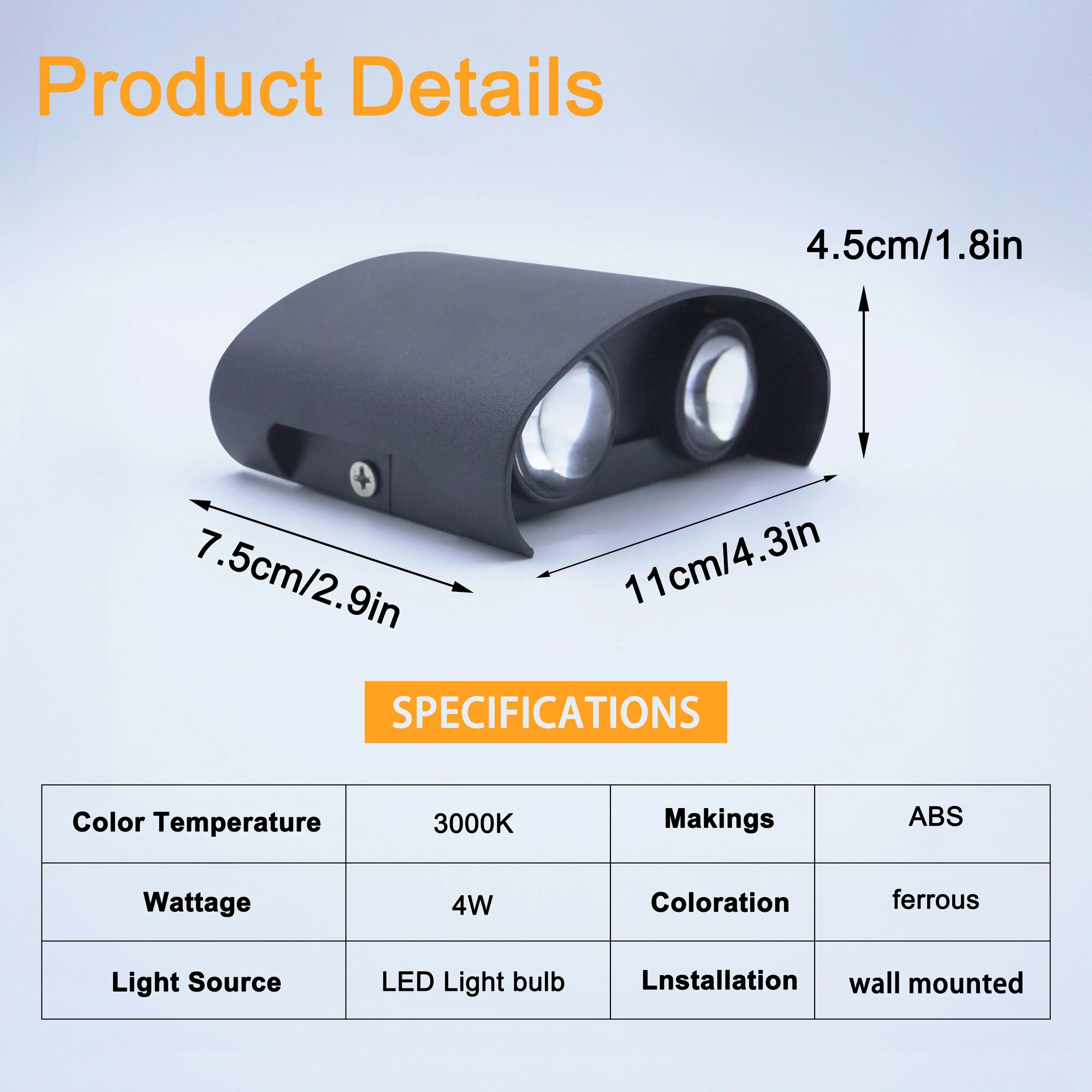 LED настенный светильник 4W, ABS, 3000K