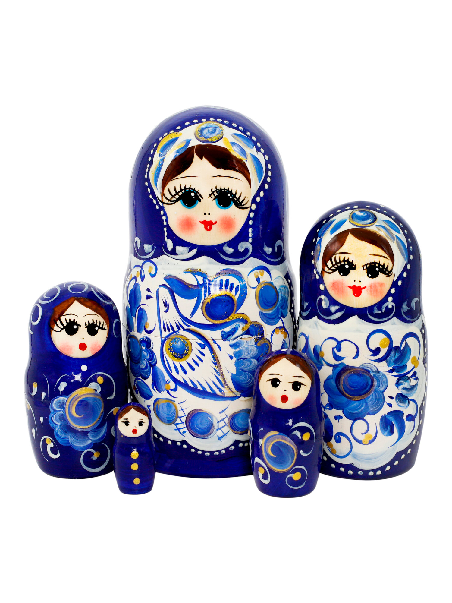 Матрешка Гжель Птица счастья, 5 мест, 14 см, ручная роспись.