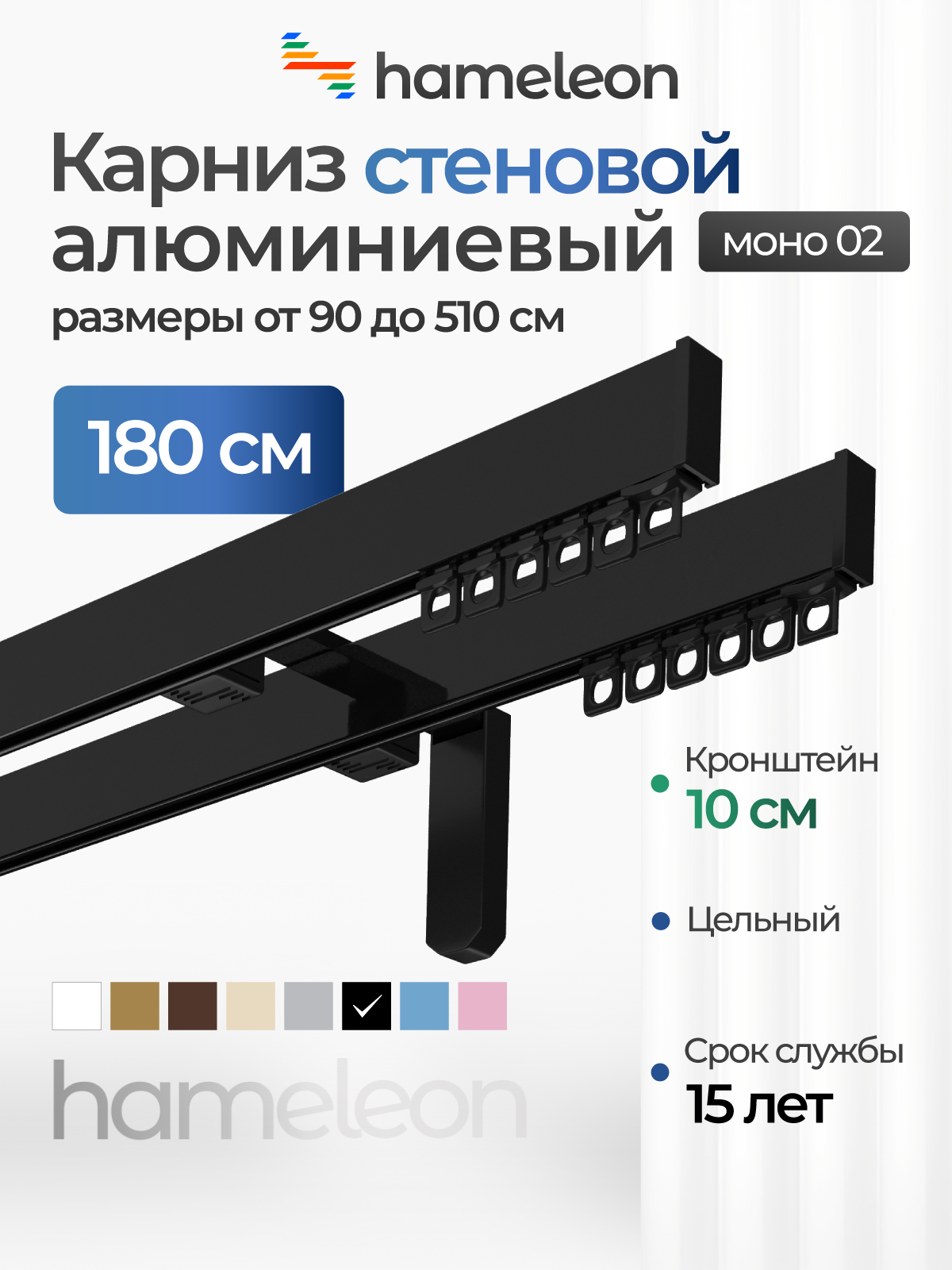 Карниз для штор хамелеон моно 02, двухрядный, настенный, черный глянец, 180 см, алюминиевый, кронштейны 10 см.
