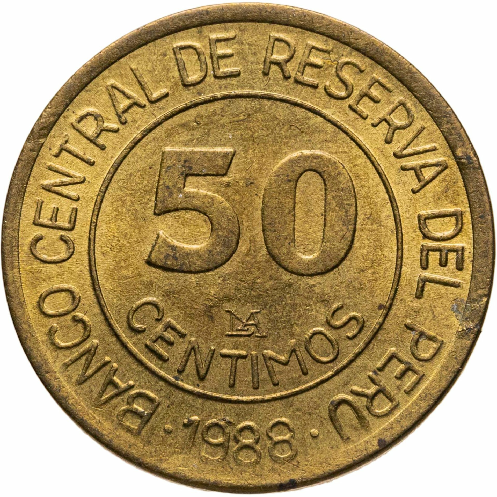 Перу 50 сентимо centimos 1988, Латунь, в сохранности VF