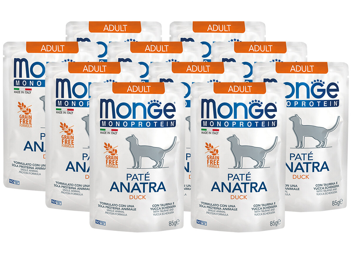 Корм влажный Monge Monoprotein Cat монобелковые для взрослых кошек с уткой пауч, 85 г 10 шт
