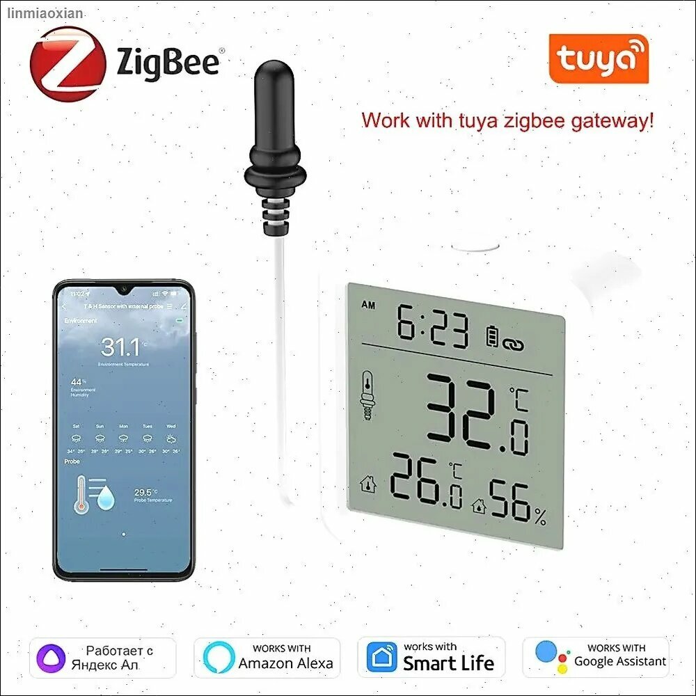 Tuya Zigbee Датчик температуры и влажности с выносным датчиком