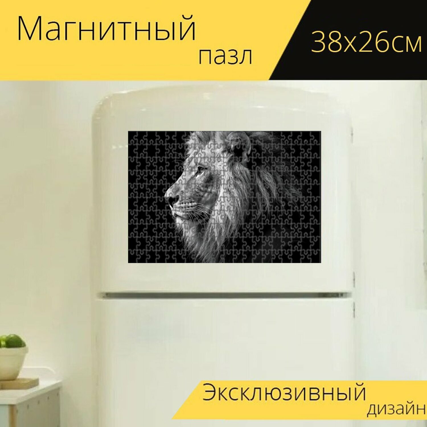 Магнитный пазл "Лев в профиль на черном фоне. Черно-белый реалистичный образ царя зверей с пышной гривой, строгий боковой ракурс, глубокий контраст и." для интерьера, 38х26 см.