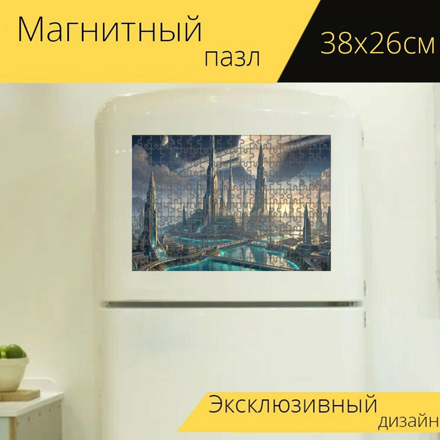Магнитный пазл "Футуристический город под кольцами планеты. Детализированный космический мегаполис с высокими башнями, бирюзовыми каналами и мостами. Небо с." для интерьера, 38х26 см.