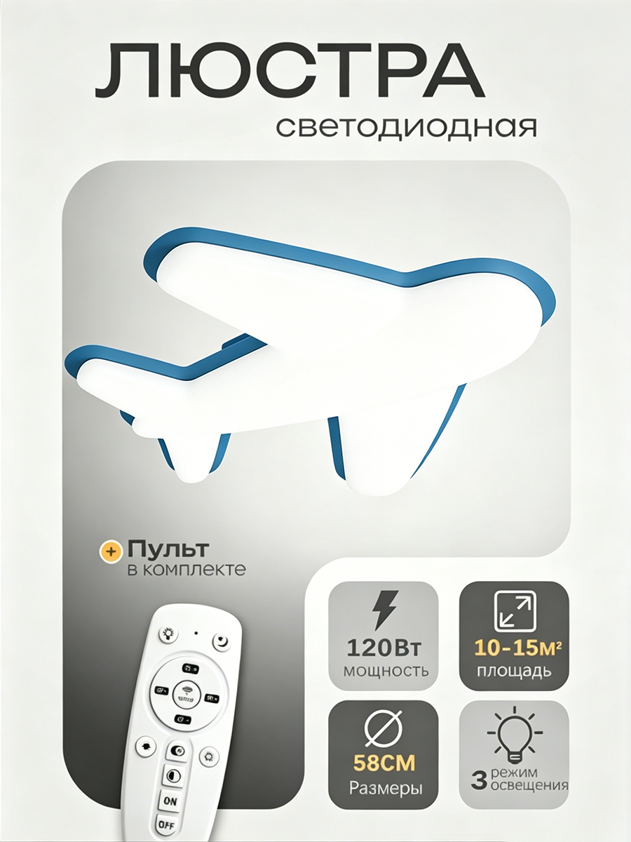 Детский потолочный светильник-самолет синий | LED свет | Для комнаты мальчика