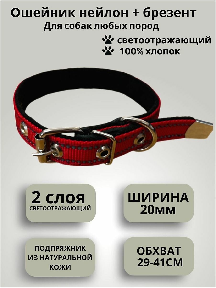 Ошейник двойной брезент + нейлон 20 мм красный светоотражающий
